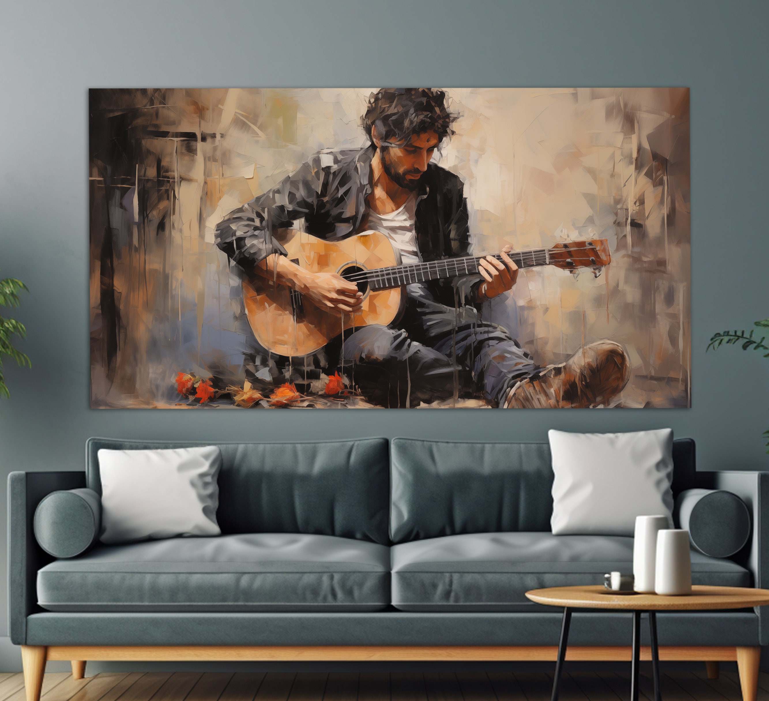 Abstract Street Musician Playing Guitar Canvas Print in Vintage Oil ...
