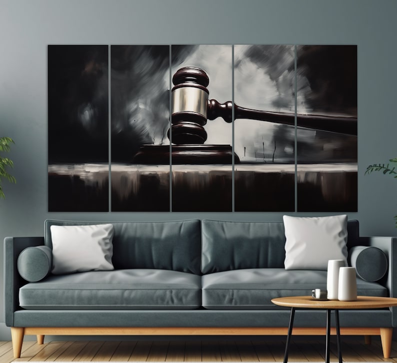 Justice Wall Art, Judge Hammer Canvas Print in a Vintage Oil Painting ...
