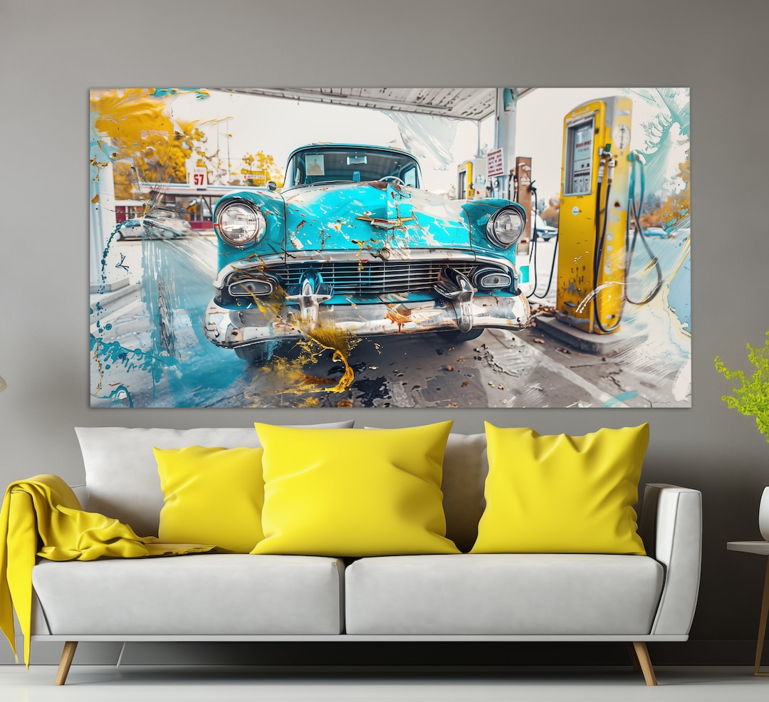 Vintage Gas Station With Retro Car Canvas Print in an Abstract Oil ...