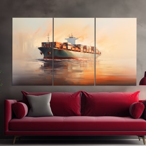 Container Ship Canvas Print in a Vintage Oil Painting Style, Cargo Ship ...