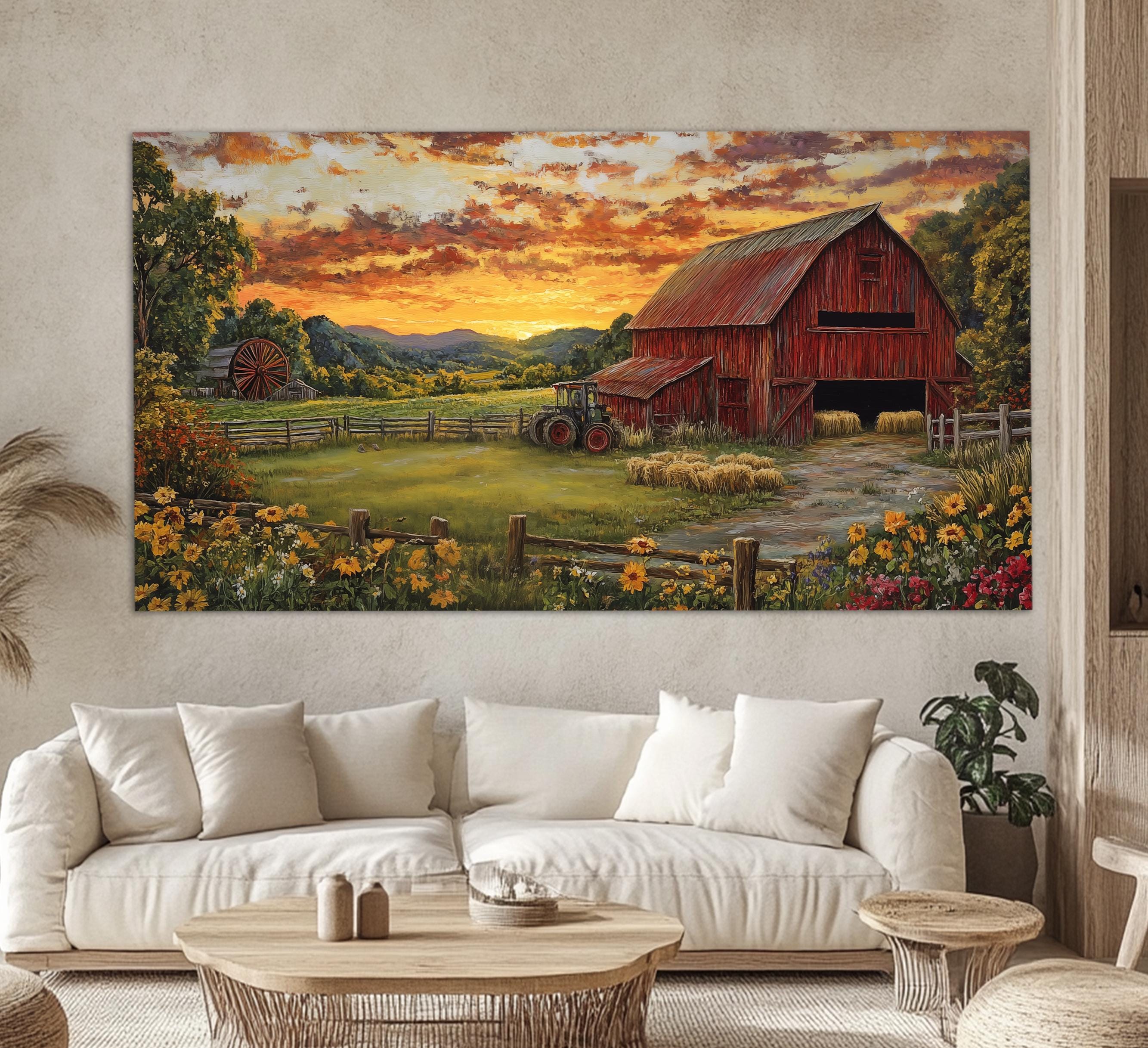 Rural Barn Canvas Print in a Retro Oil Painting Style, Rustic Wall Art ...