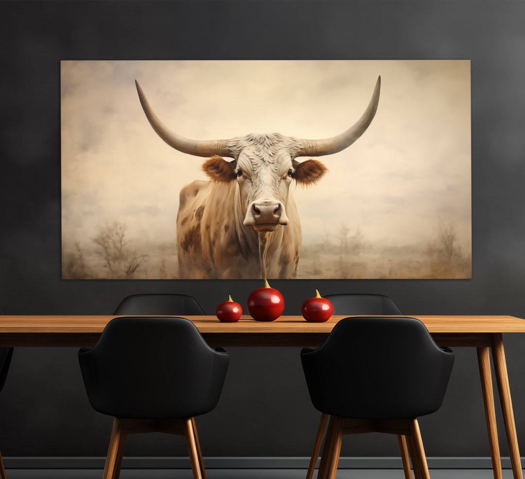 Texas Longhorn Canvas Print in a Vintage Oil Painting Style, Neutral ...