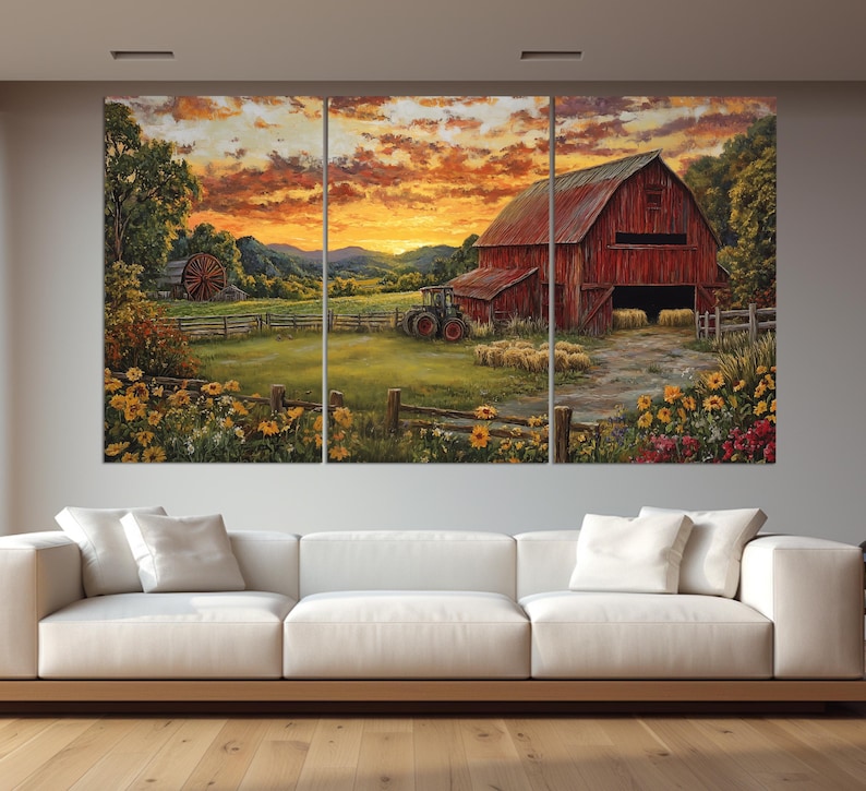 Rural Barn Canvas Print in a Retro Oil Painting Style, Rustic Wall Art ...