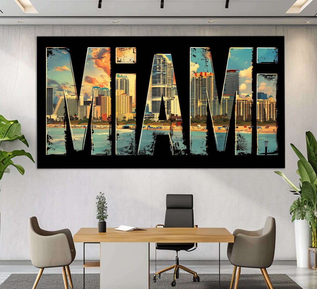Miami Sign Canvas Print, Abstract Miami Painting, Modern Miami Wall Art ...