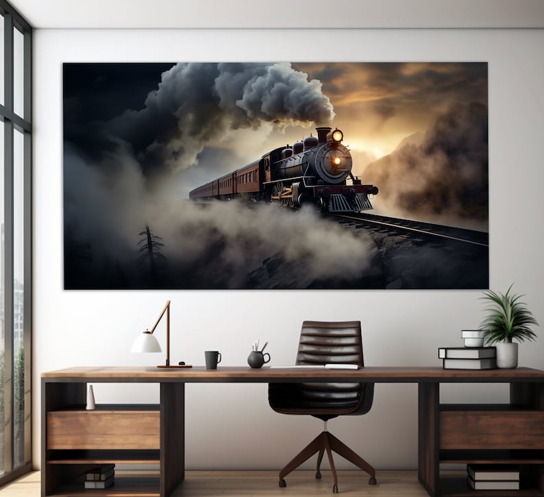 Steam Locomotive Canvas Print in a Vintage Oil Painting Style, Trains ...