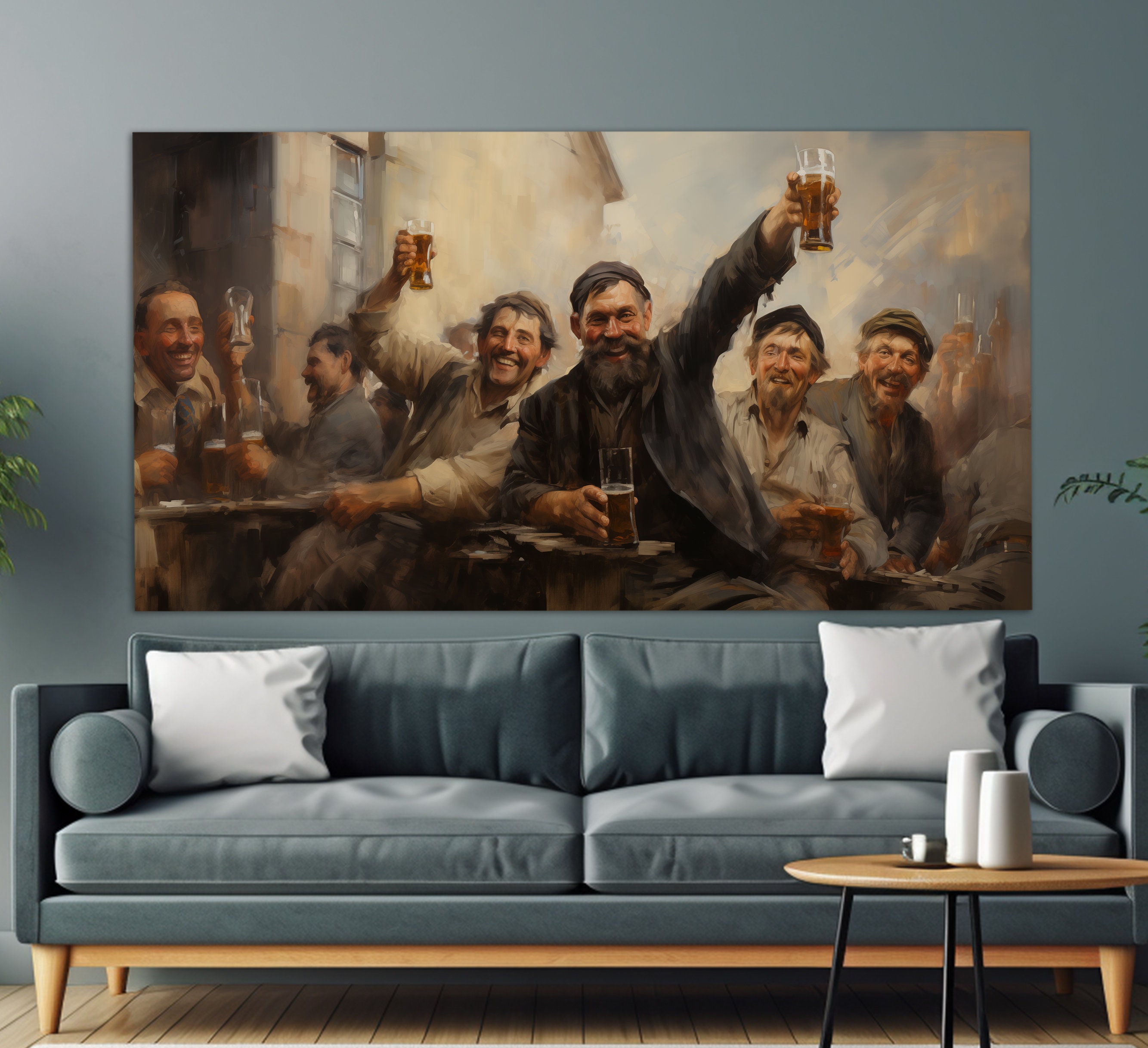 Vintage Pub Canvas Print, Men Drinking Beer Retro Painting, Beer Wall ...