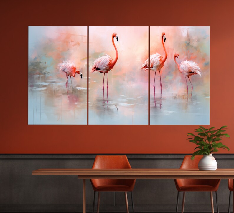 Pink Flamingos Canvas Print in a Vintage Oil Painting Style, Neutral ...
