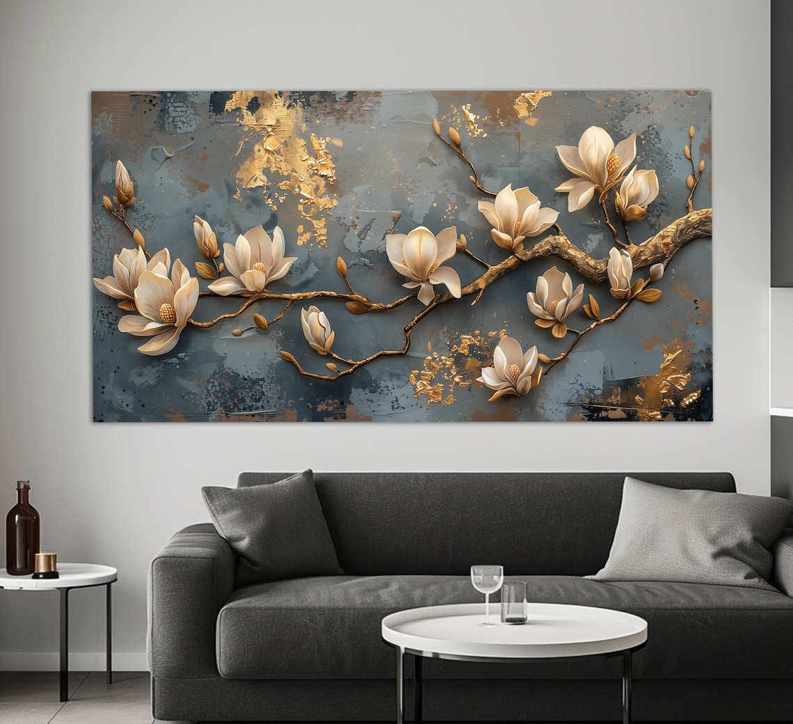 Golden Magnolia Tree Canvas Print, Abstract Magnolia Painting, Luxury ...