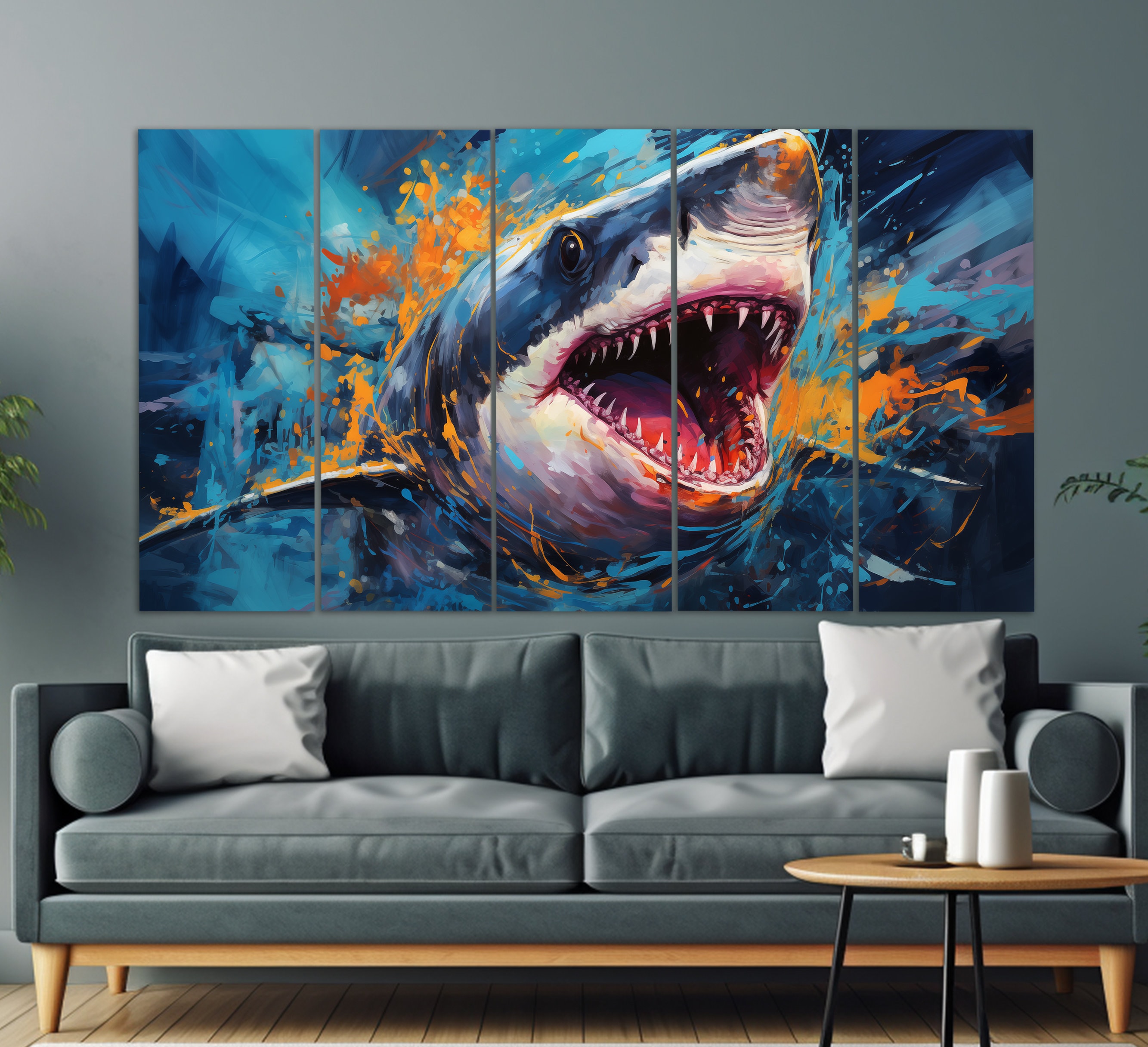 Shark Abstract Canvas Print, Angry Shark Painting, Underwater Animals ...