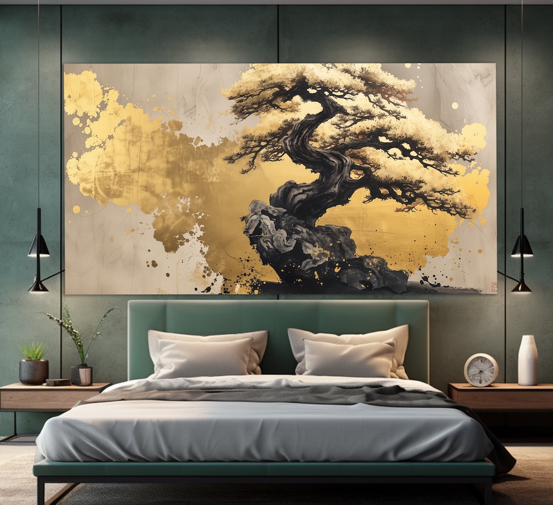 Abstract Bonsai Tree Canvas Print, Golden Tree Painting, Modern Wall ...