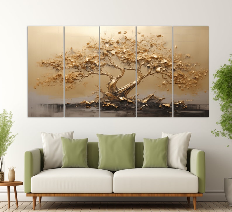 Golden Bonsai Tree Canvas Print, Abstract Tree Painting, Luxury Wall ...
