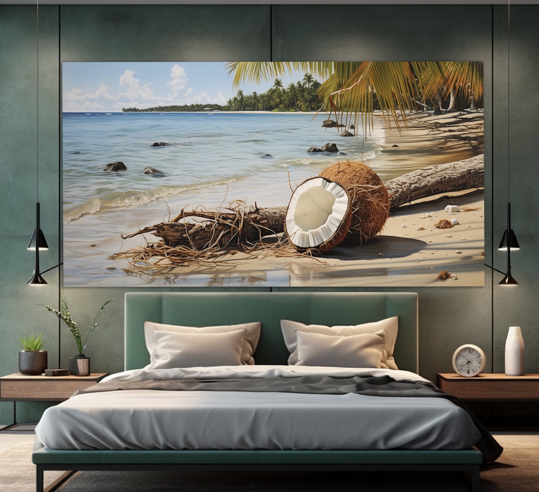 Split Coconut on the Beach Canvas Print, Romantic Beach Wall Art ...