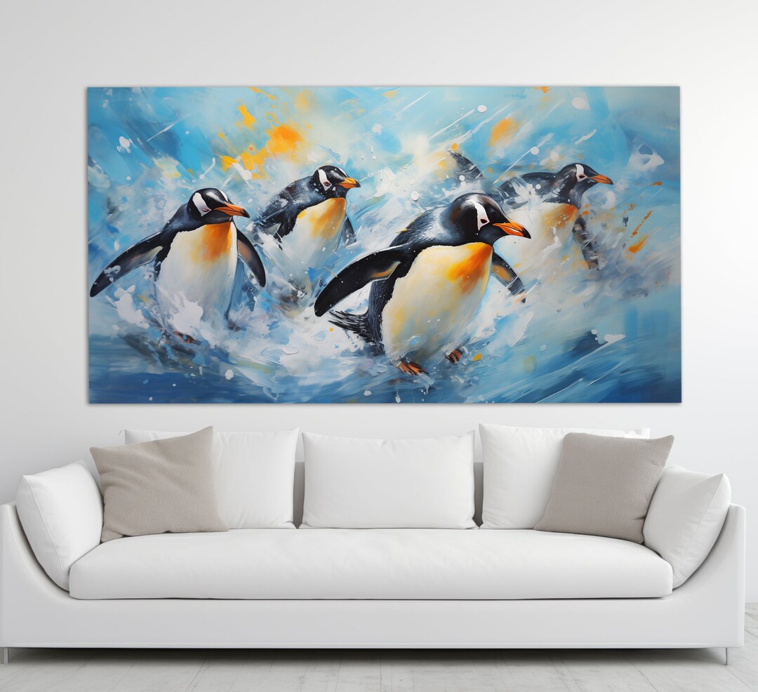 Penguins Canvas Print in an Oil Painting Style, Antarctica Wall Art ...