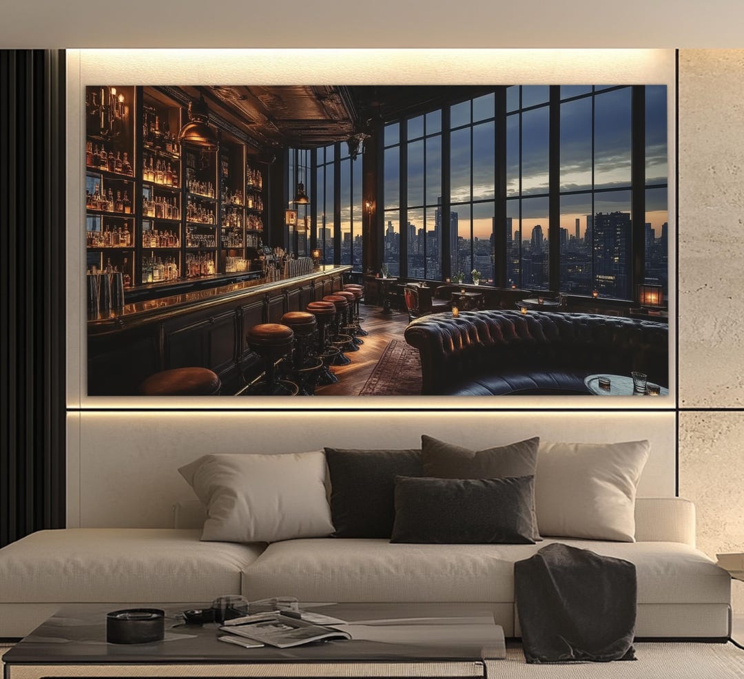 Retro Hotel Bar With City Landscape Canvas Print, Luxury Bar Wall Art ...