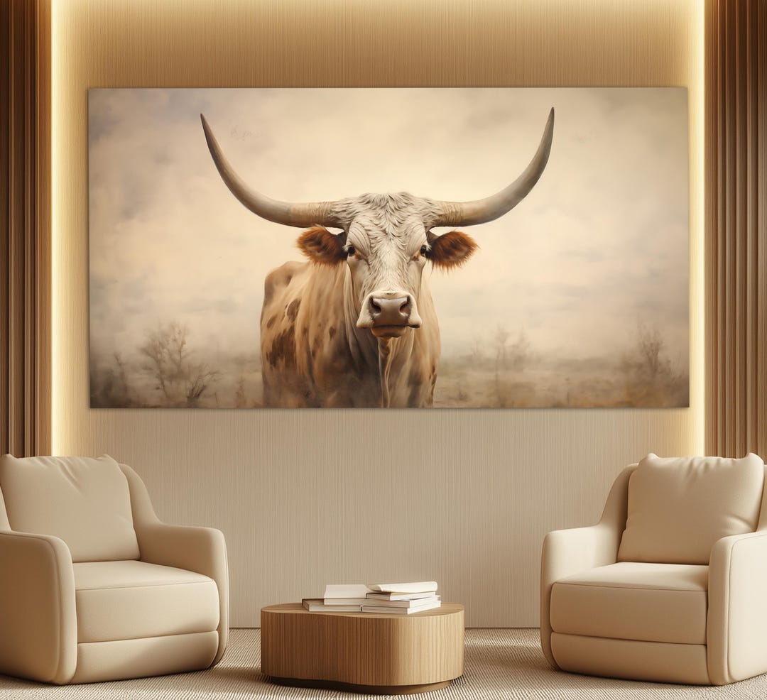Texas Longhorn Canvas Print in a Vintage Oil Painting Style, Neutral ...