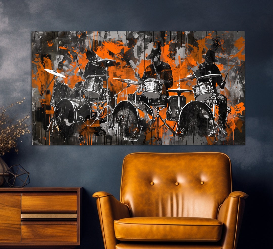 Drums Canvas Print in Vintage Oil Painting Style, Abstract Jazz ...