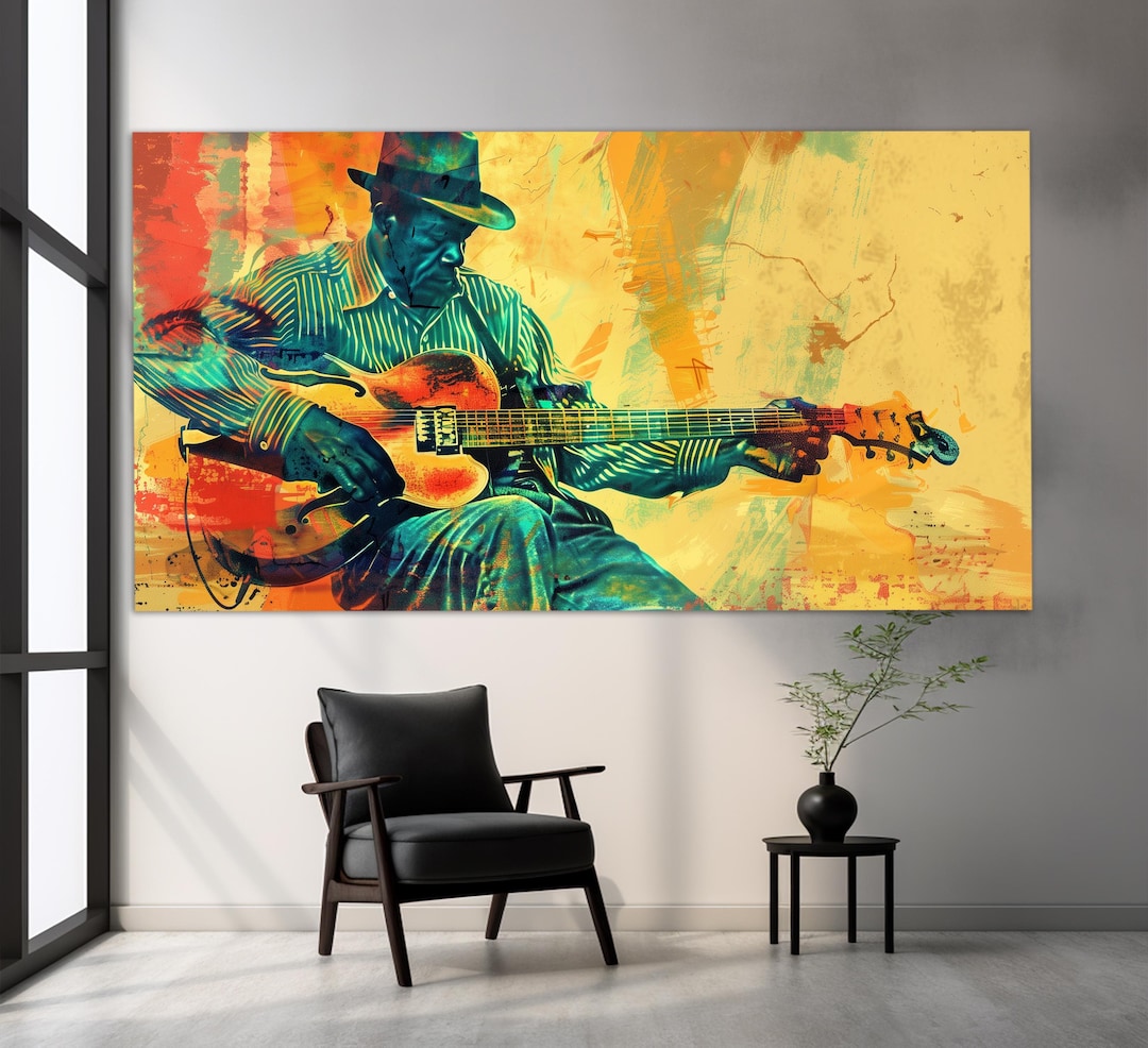 Abstract Guitar Player Canvas Print in Pop Art Oil Painting Style ...