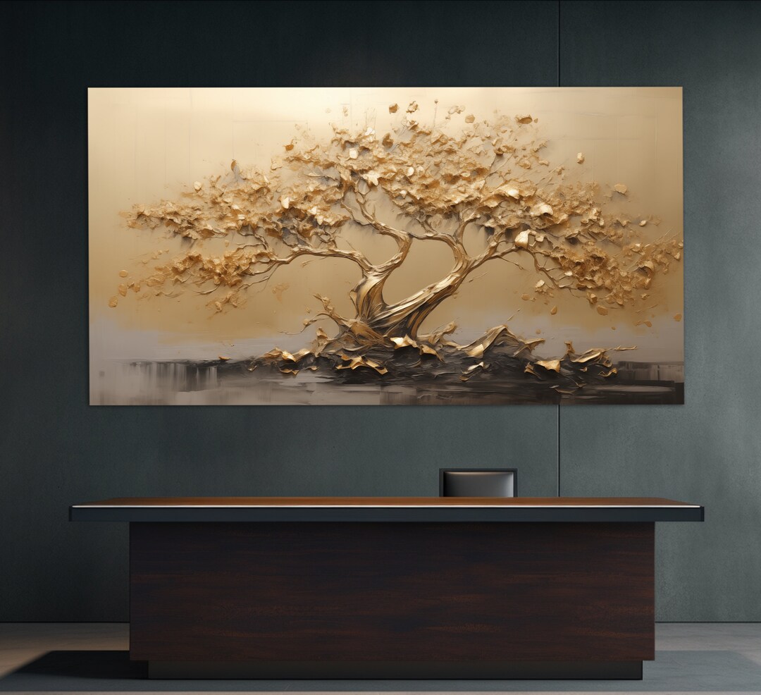 Golden Bonsai Tree Canvas Print, Abstract Tree Painting, Luxury Wall ...