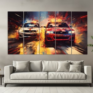 Retro Police Cars Canvas Print in an Oil Painting Style, Vintage Police ...