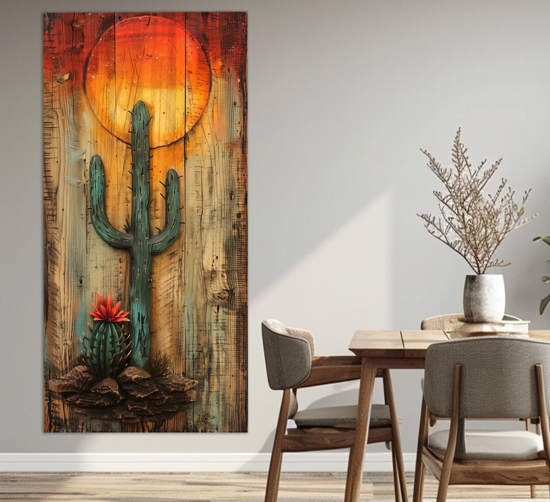 Abstract Cactus on Sunset Canvas Print, Boho Arizona Wall Art, Rustic ...