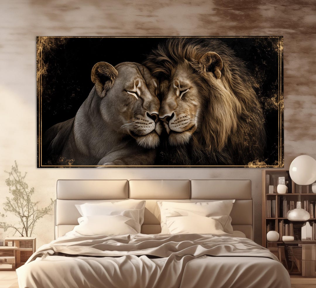 Loving Lions Couple Canvas Print, Lion and Lioness Painting, Romantic ...