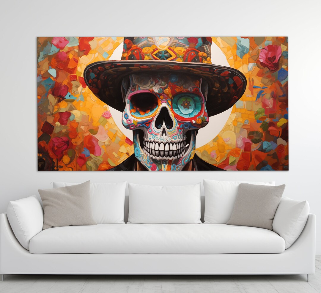Day of the Dead Wall Art, Mexican Style Skull Canvas Print, Abstract ...