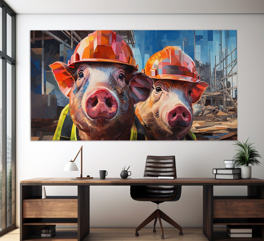 Funny Construction Wall Art, Pigs in Helmets Canvas Print, Funny ...
