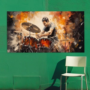 Abstract Drummer Canvas Print in Retro Oil Painting Style, Drums ...
