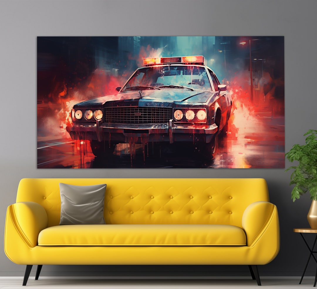 Retro Police Car Canvas Print in an Oil Painting Style, Police Wall Art ...
