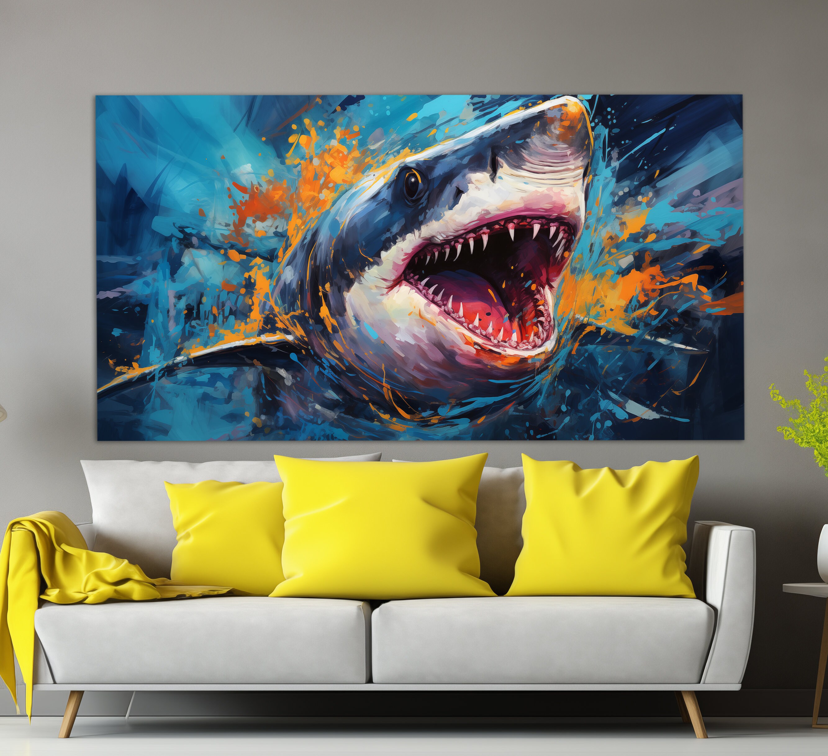 Shark Abstract Canvas Print, Angry Shark Painting, Underwater Animals ...