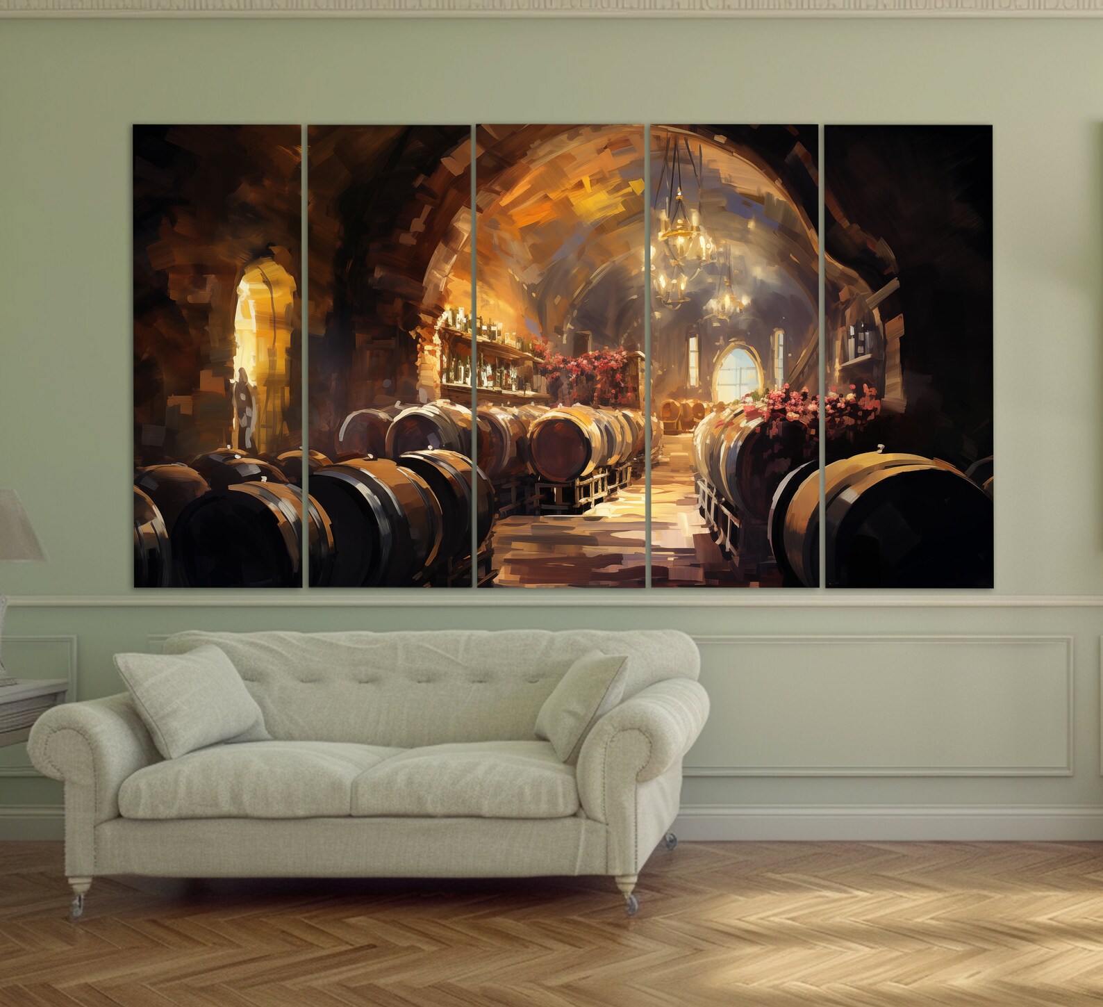 Vintage Wine Cellar Canvas Print in Oil Painting Style, Wine Wall Art ...