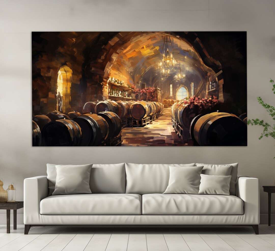 Vintage Wine Cellar Canvas Print in Oil Painting Style, Wine Wall Art ...