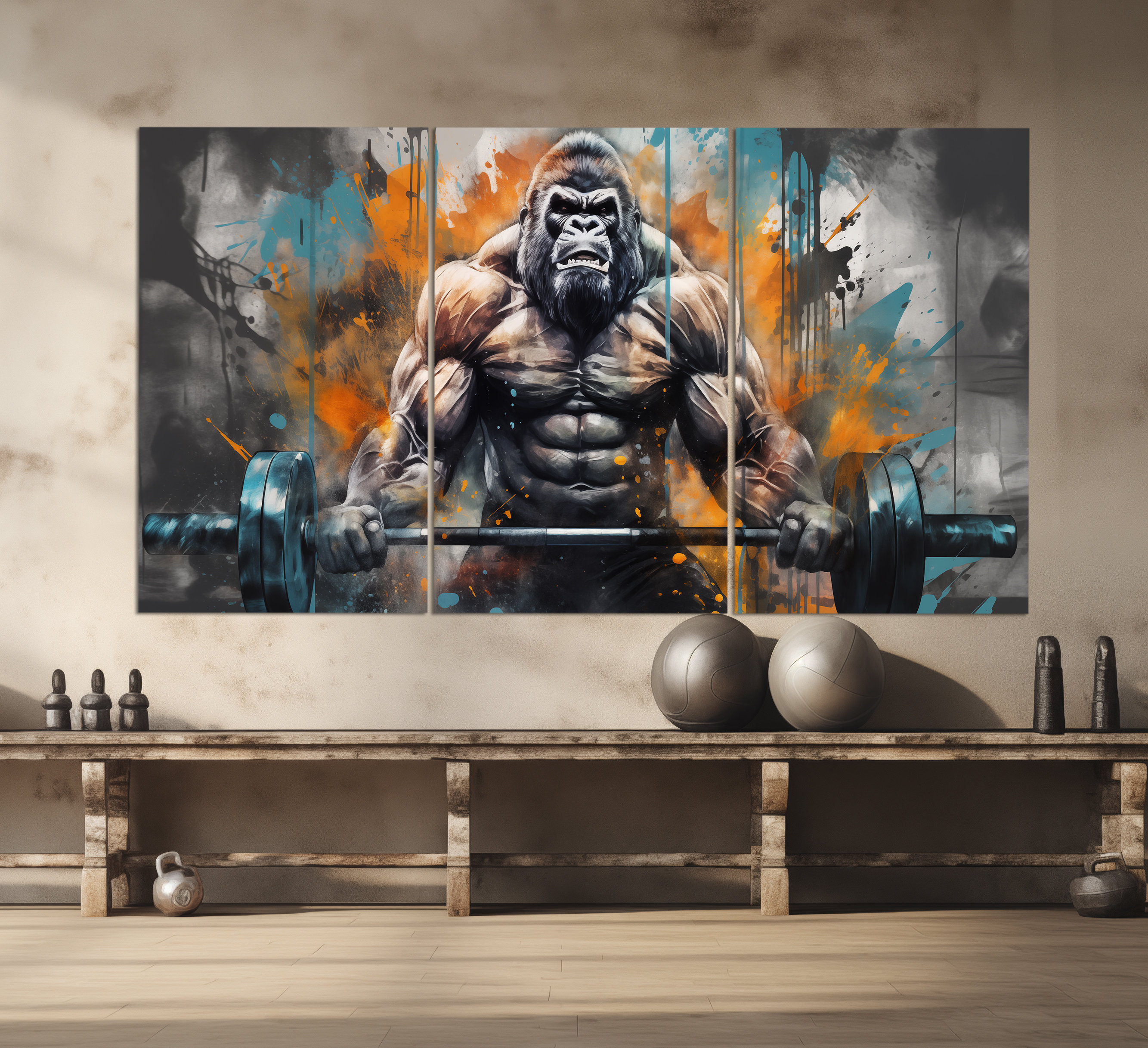 Abstract Gym Wall Decor, Gorilla Work Out Print, Gorilla With Barbell ...