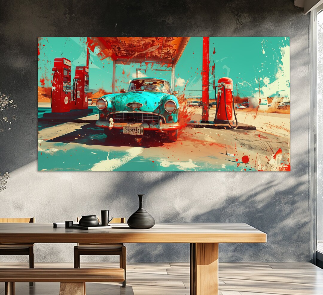 Retro Gas Station With Old Car Canvas Print in an Abstract Painting ...