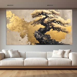 Abstract Bonsai Tree Canvas Print, Golden Tree Painting, Modern Wall ...