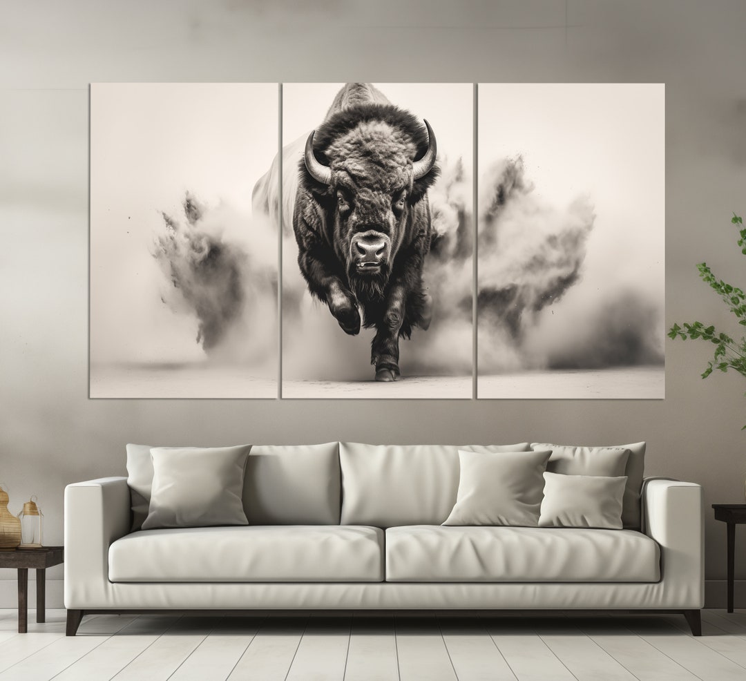 Bison Canvas Print, Black and White Animals Wall Art, Bison Painting ...