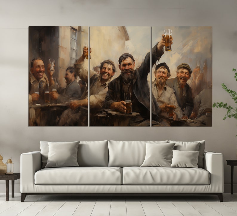Vintage Pub Canvas Print, Men Drinking Beer Retro Painting, Beer Wall ...