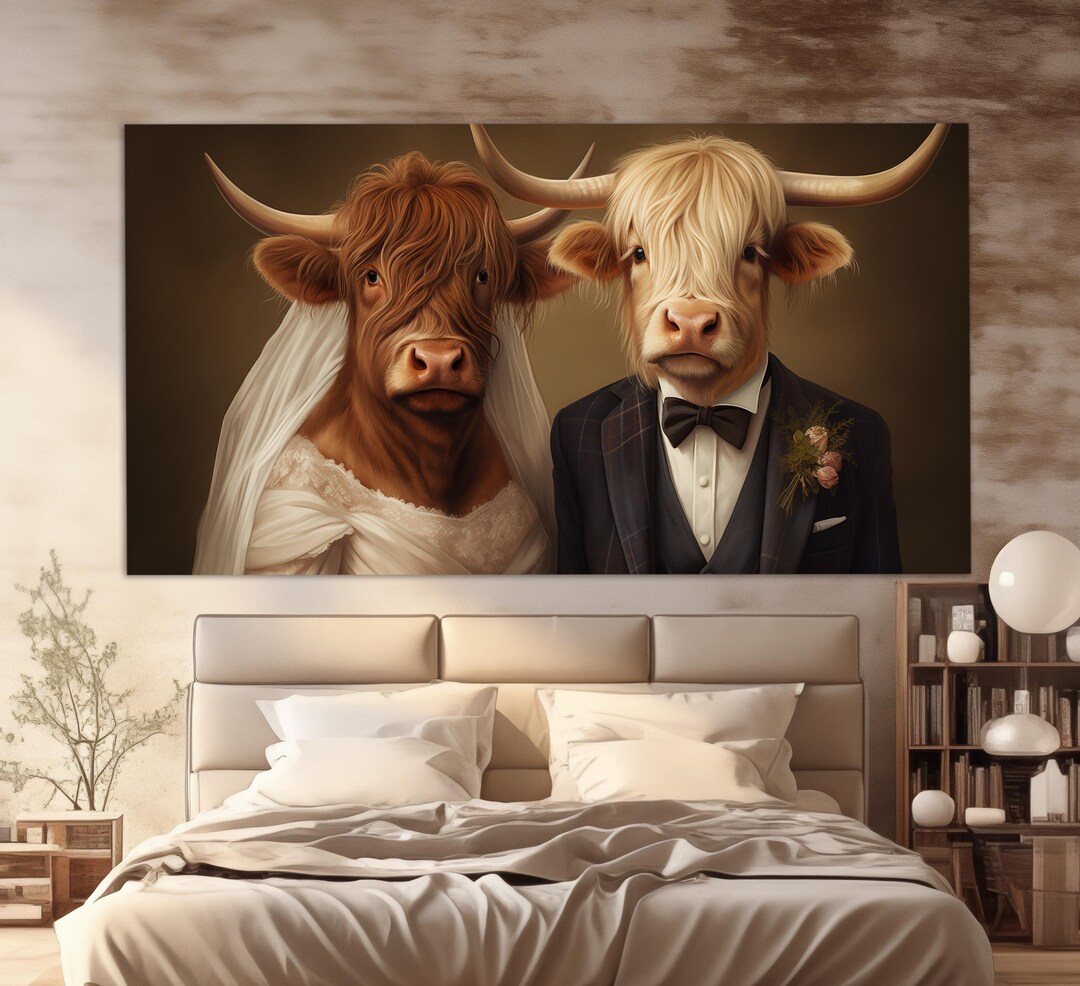 Abstract Highland Cows Wedding Portrait Canvas Print in a Painting ...