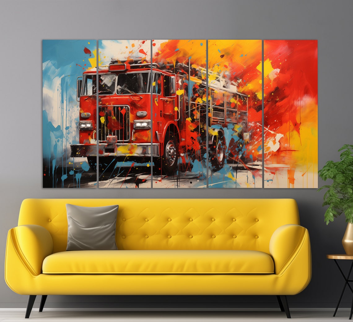 Abstract Firetruck Canvas Print in an Oil Painting Style, Firefighter ...