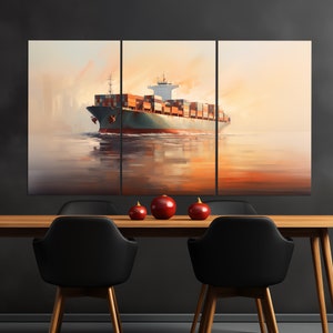 Container Ship Canvas Print in a Vintage Oil Painting Style, Cargo Ship ...