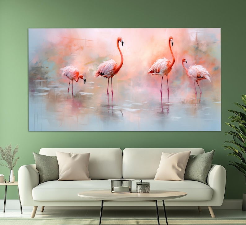 Pink Flamingos Canvas Print in a Vintage Oil Painting Style, Neutral ...