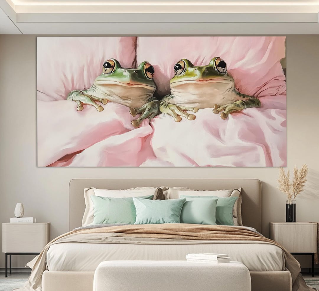 Frogs Couple in Bed Canvas Print, Romantic Wall Art, Frogs Painting ...