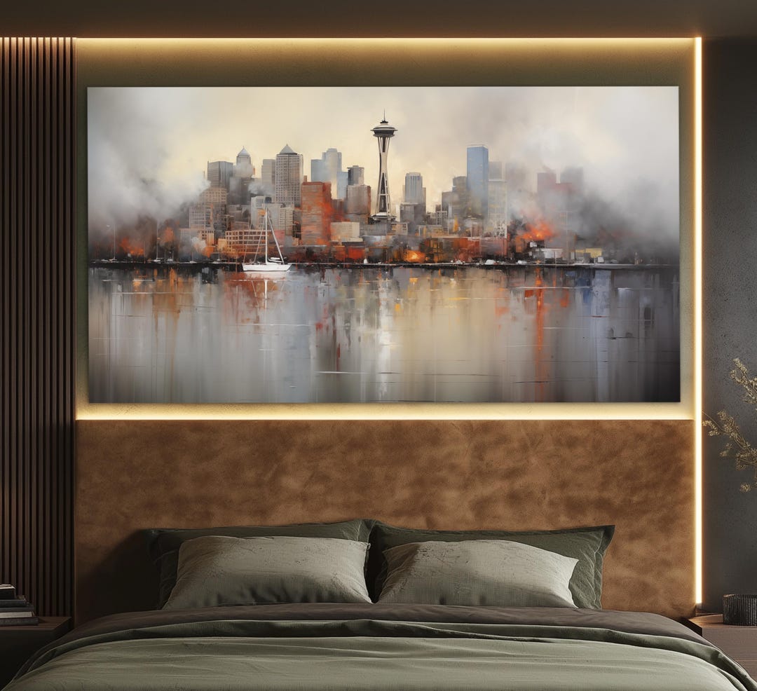 Seattle Canvas Print in a Vintage Oil Painting Style, Abstract Seattle ...