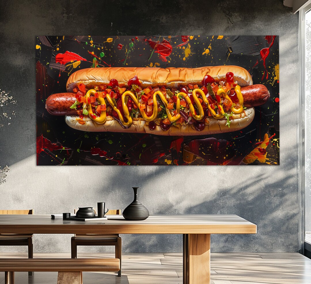 Juicy Hot Dog Canvas Print, Hot Dog Poster, Kitchen Wall Decor, Hot Dog ...