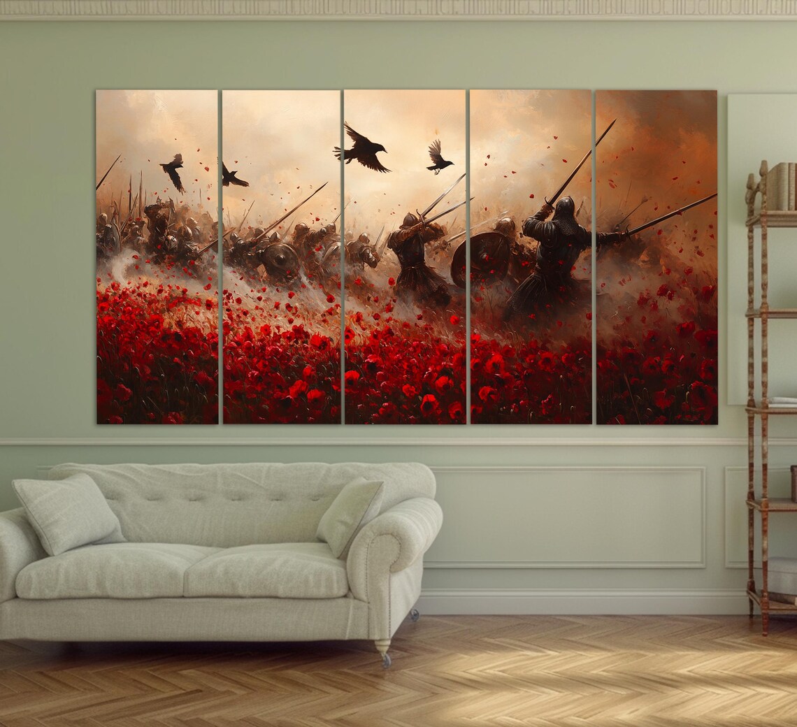 Medieval Battle of Knights in a Poppy Field Canvas Print in a Vintage ...