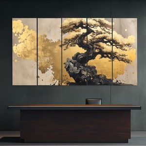 Abstract Bonsai Tree Canvas Print, Golden Tree Painting, Modern Wall ...