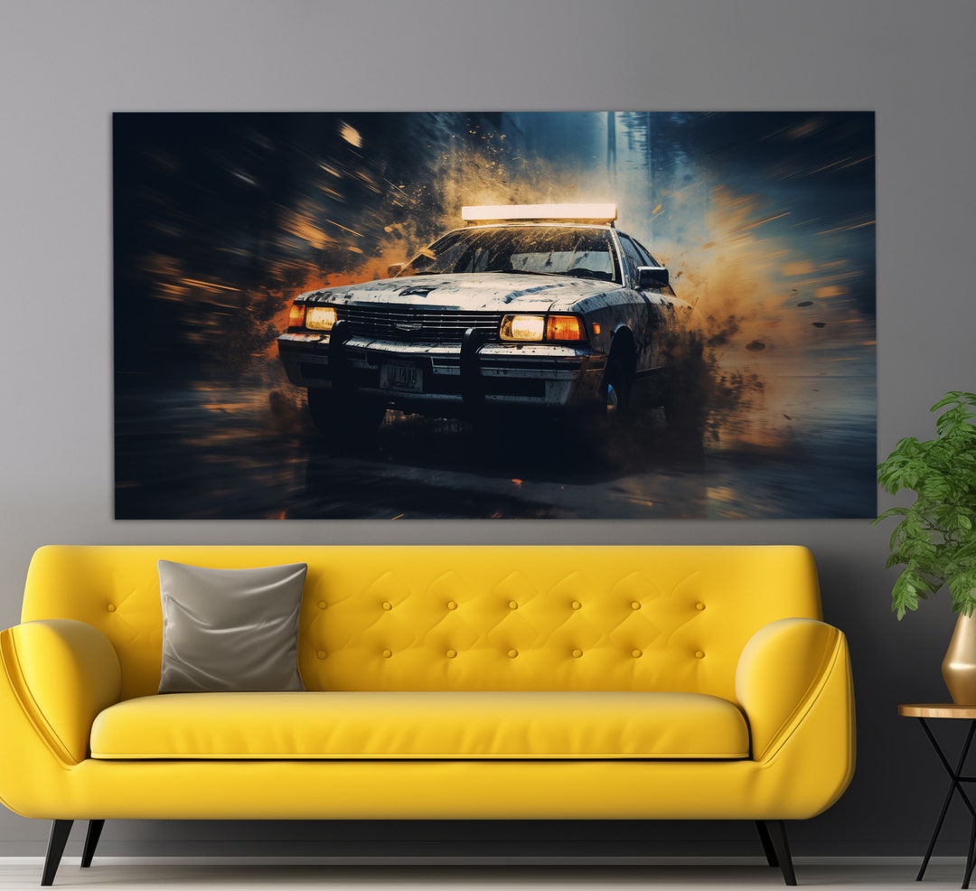 Vintage Police Car Canvas Print in an Oil Painting Style, Police Wall ...
