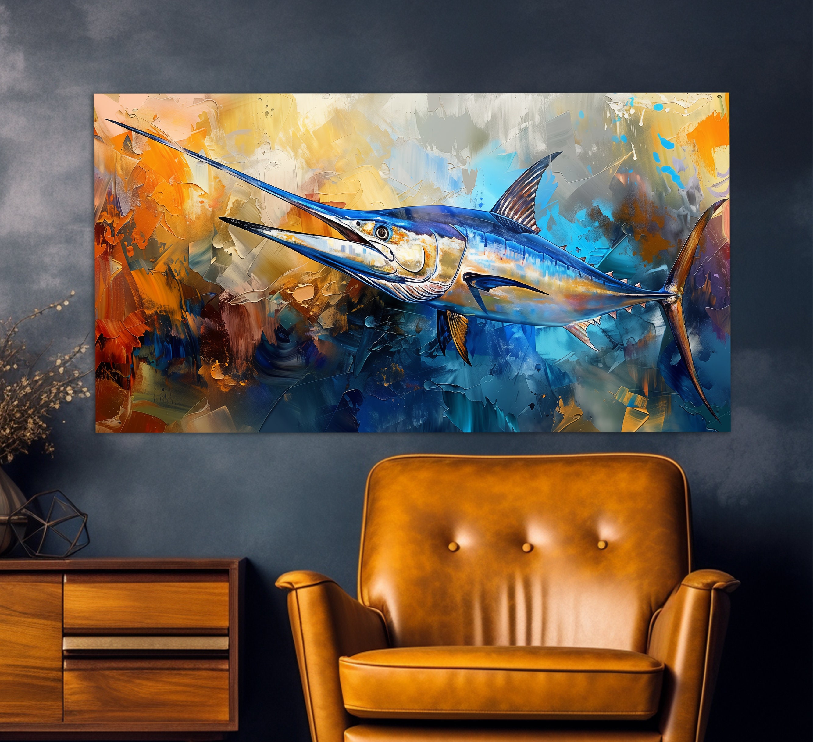 Abstract Blue Marlin Fish Canvas Print in a Painting Style, Blue Marlin ...