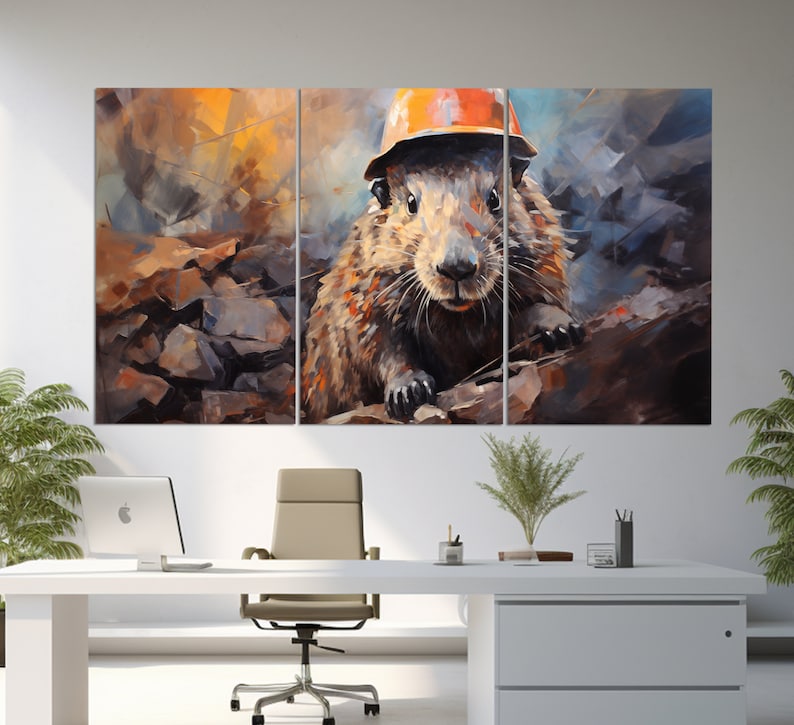 Funny Beaver Miner Wall Art, Beaver in Helmet Canvas Print, Abstract ...