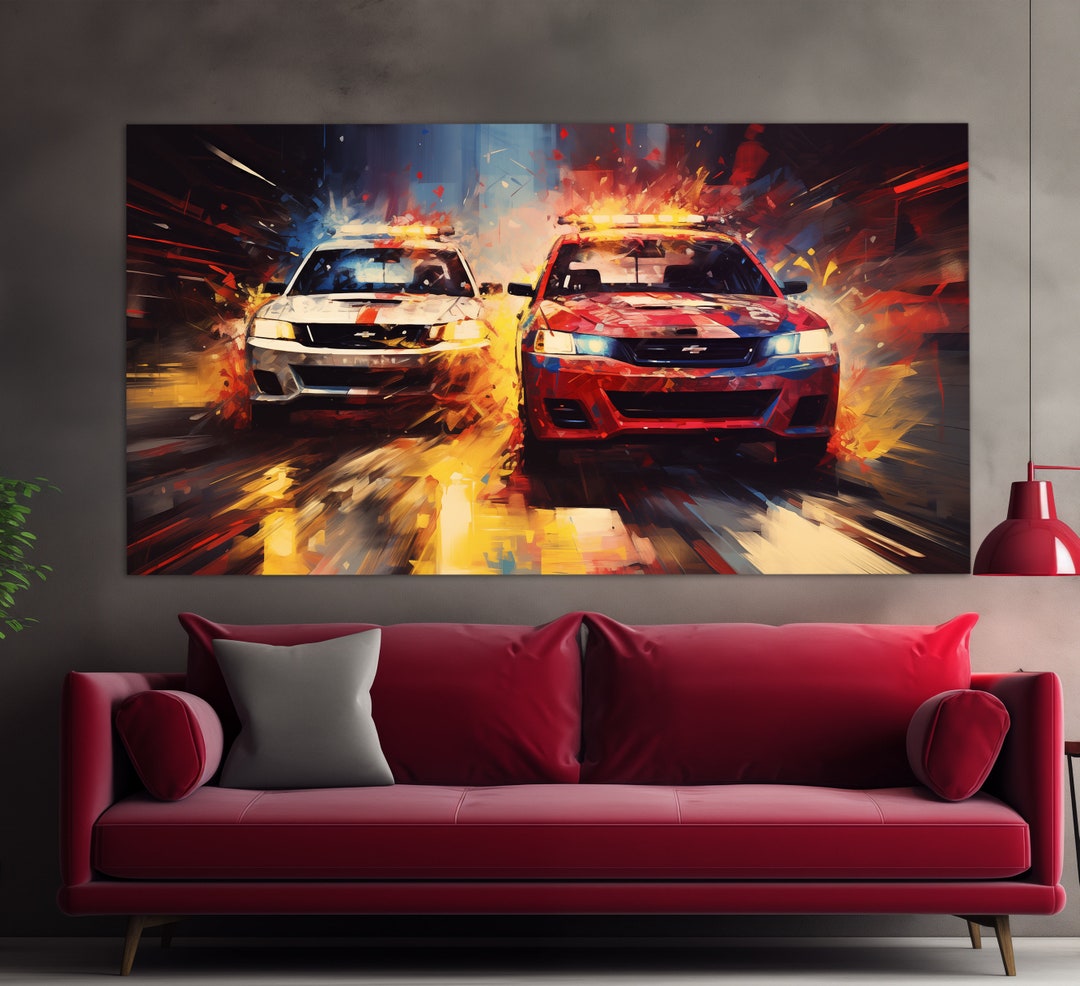 Retro Police Cars Canvas Print in an Oil Painting Style, Vintage Police ...